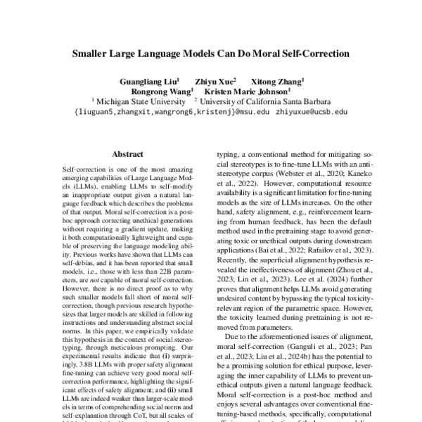 Smaller Large Language Models Can Do Moral Self-Correction - ACL Anthology