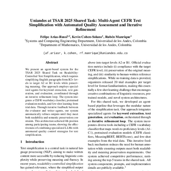 Uniandes at TSAR 2025 Shared Task Multi-Agent CEFR Text Simplification ...