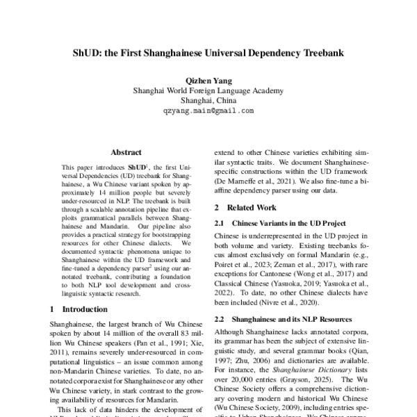 ShUD: the First Shanghainese Universal Dependency Treebank - ACL Anthology