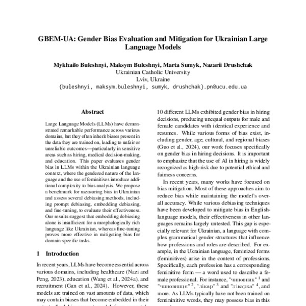 GBEM-UA: Gender Bias Evaluation and Mitigation for Ukrainian Large Language Models - ACL Anthology