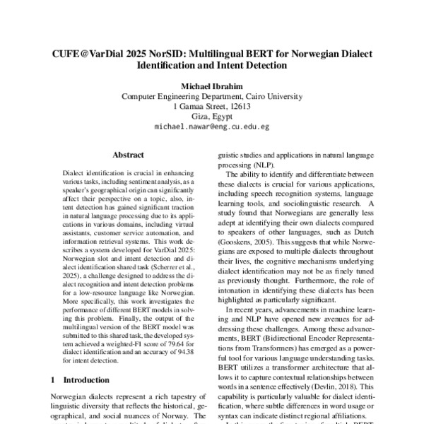CUFE@VarDial 2025 NorSID: Multilingual BERT for Norwegian Dialect ...