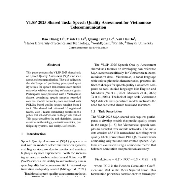 VLSP 2025 Shared Task: Speech Quality Assessment for Vietnamese ...