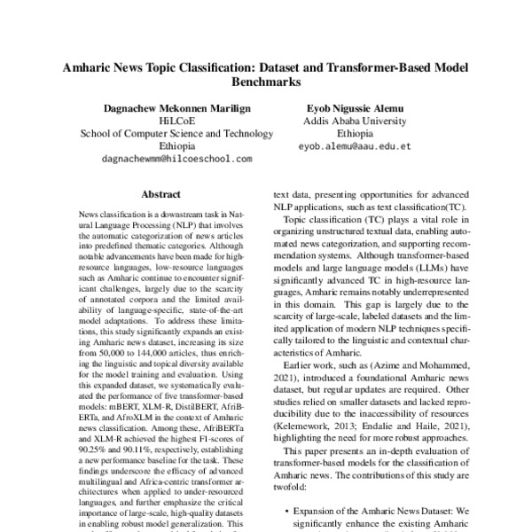 Amharic News Topic Classification: Dataset and Transformer-Based Model ...
