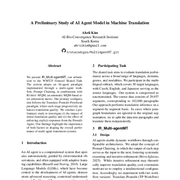 A Preliminary Study of AI Agent Model in Machine Translation - ACL ...
