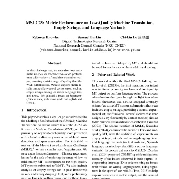 MSLC25: Metric Performance on Low-Quality Machine Translation, Empty ...