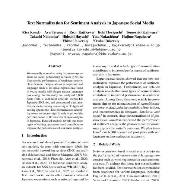 Text Normalization for Japanese Sentiment Analysis - ACL Anthology