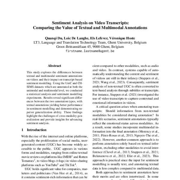 Sentiment Analysis on Video Transcripts: Comparing the Value of Textual and Multimodal ...