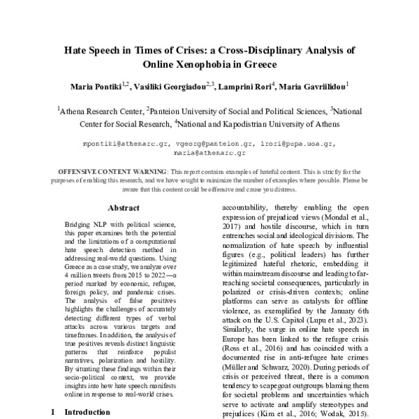 Hate Speech in Times of Crises: a Cross-Disciplinary Analysis of Online Xenophobia in Greece ...