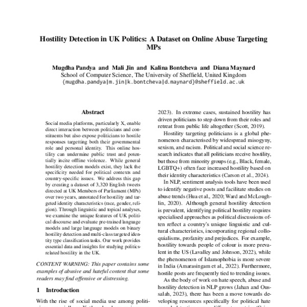 Hostility Detection in UK Politics: A Dataset on Online Abuse Targeting ...