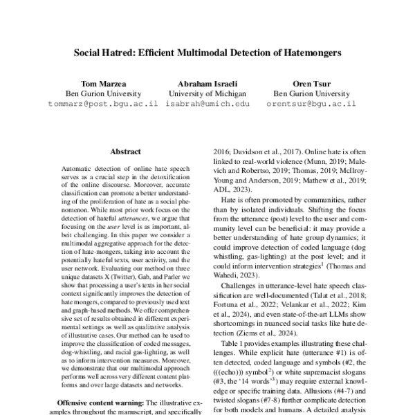 Social Hatred: Efficient Multimodal Detection of Hatemongers - ACL Anthology