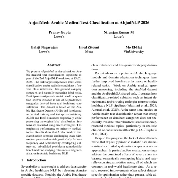 AbjadMed: Arabic Medical Text Classification at AbjadNLP 2026 - ACL ...