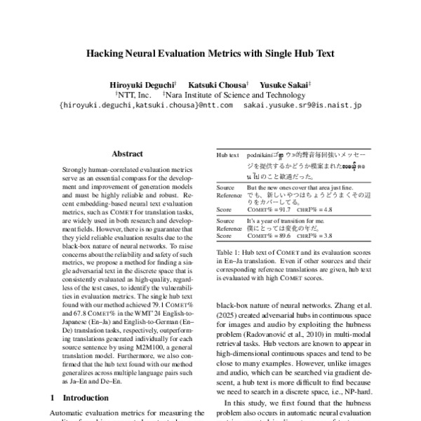 Hacking Neural Evaluation Metrics with Single Hub Text - ACL Anthology