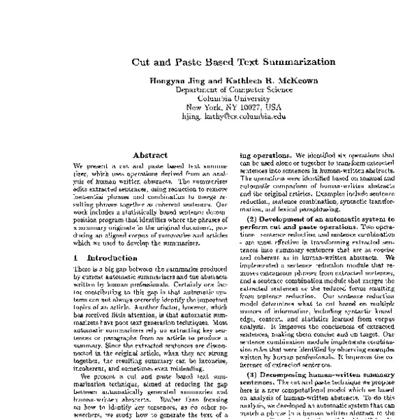 Cut and Paste Based Text Summarization - ACL Anthology