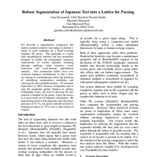 Robust Segmentation of Japanese Text into a Lattice for Parsing - ACL ...