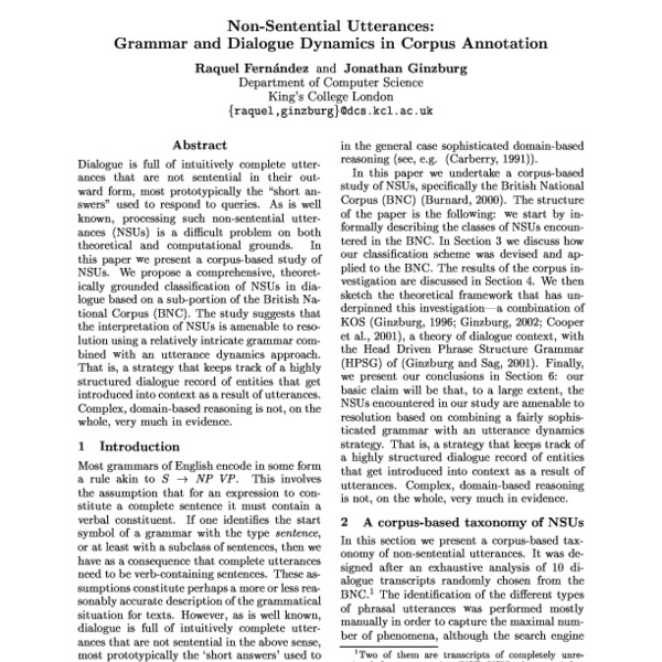 Non Sentential Utterances Grammar And Dialogue Dynamics In Corpus Annotation Acl Anthology
