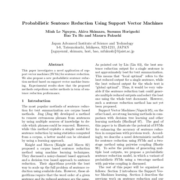 Probabilistic Sentence Reduction Using Support Vector Machines - ACL ...