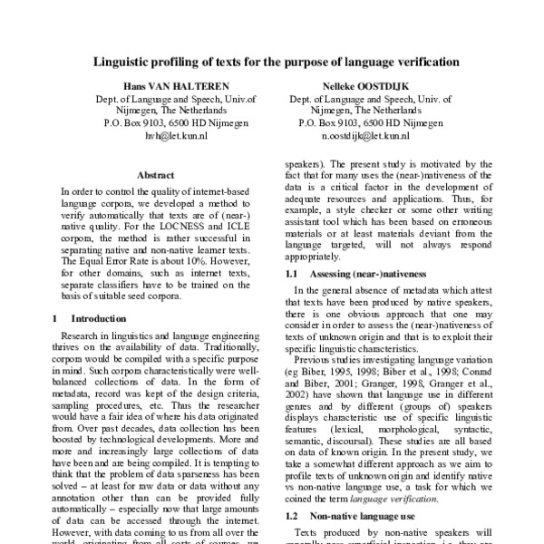Linguistic profiling of texts for the purpose of language verification - ACL Anthology