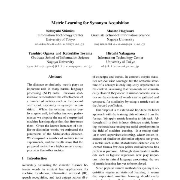 Metric Learning for Synonym Acquisition - ACL Anthology