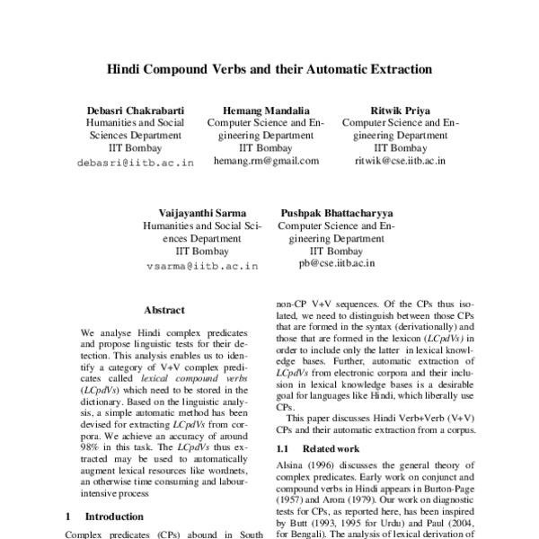 Hindi Compound Verbs and their Automatic Extraction - ACL Anthology