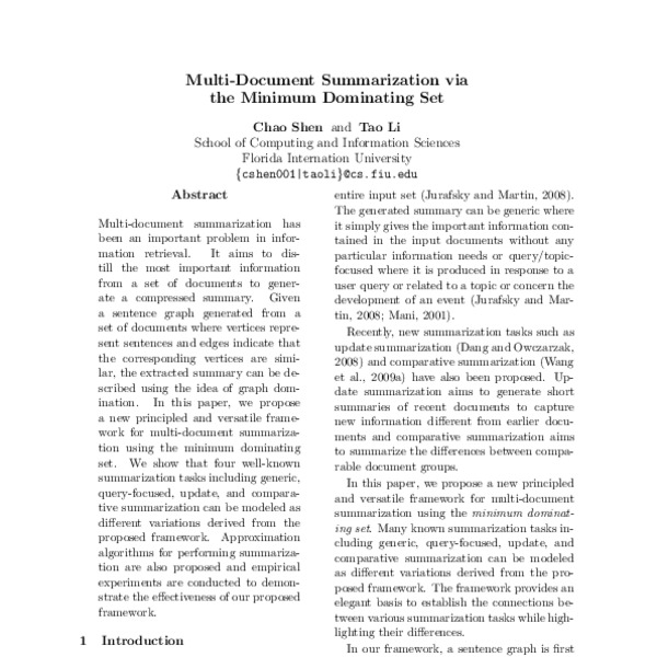 Multi-Document Summarization via the Minimum Dominating Set - ACL Anthology