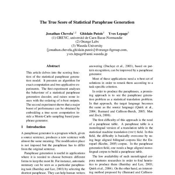 The True Score of Statistical Paraphrase Generation - ACL Anthology