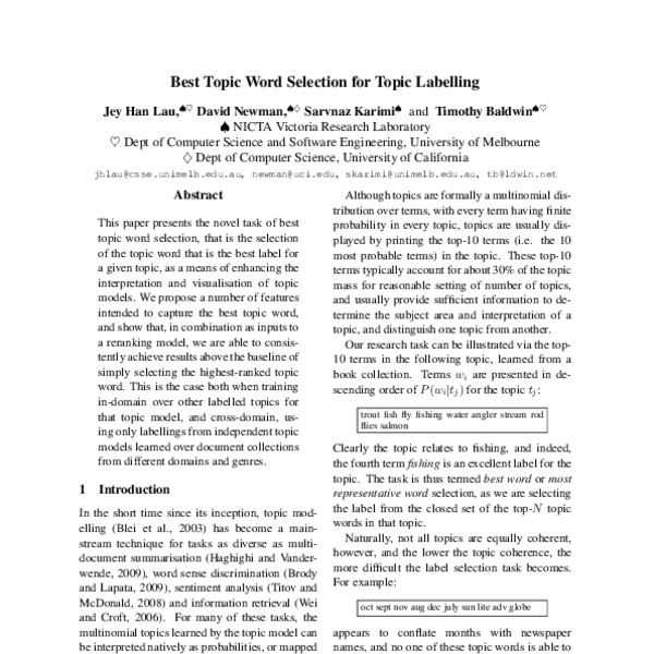 Best Topic Word Selection for Topic Labelling - ACL Anthology
