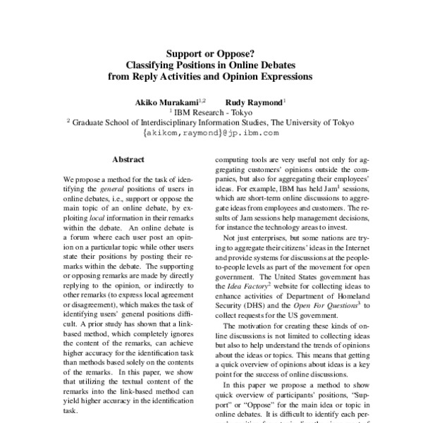 Support or Oppose? Classifying Positions in Online Debates from Reply ...