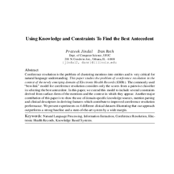 Using Knowledge and Constraints To Find the Best Antecedent - ACL Anthology