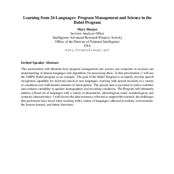 Learning from 26 Languages: Program Management and Science in the Babel ...
