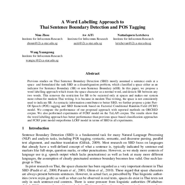 A Word Labeling Approach to Thai Sentence Boundary Detection and POS ...