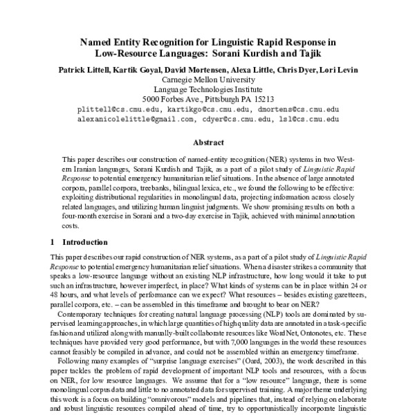 Named Entity Recognition for Linguistic Rapid Response in Low-Resource ...