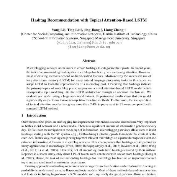 Hashtag Recommendation with Topical Attention-Based LSTM - ACL Anthology