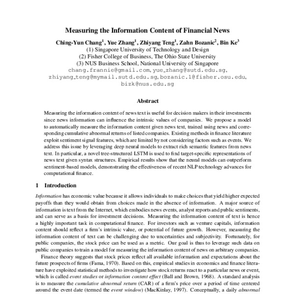 Measuring the Information Content of Financial News - ACL Anthology