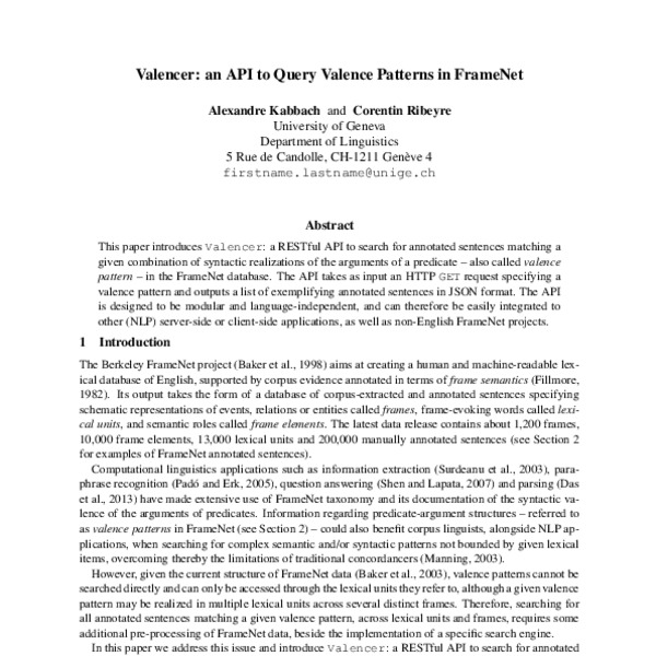 Valencer: an API to Query Valence Patterns in FrameNet - ACL Anthology