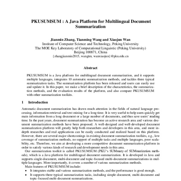 PKUSUMSUM : A Java Platform for Multilingual Document Summarization - ACL Anthology