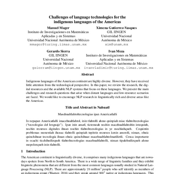 Challenges of language technologies for the indigenous languages of the ...