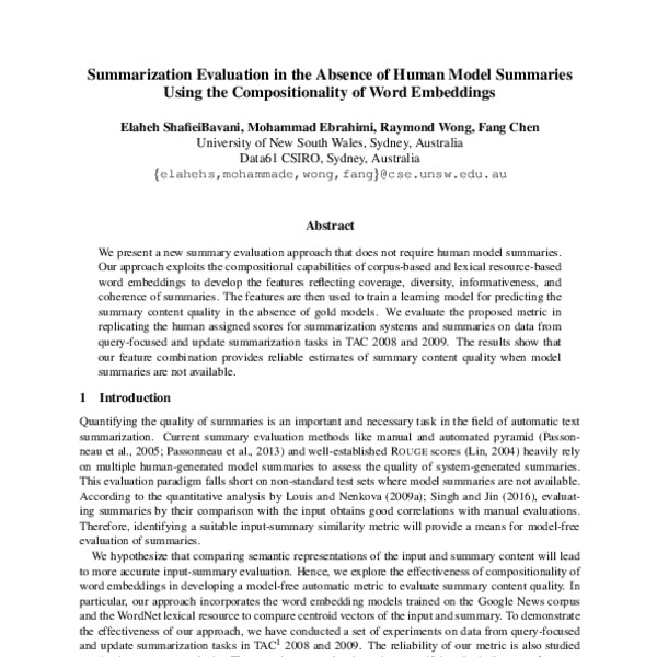 Summarization Evaluation in the Absence of Human Model Summaries Using ...