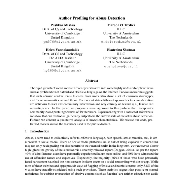 Author Profiling for Abuse Detection - ACL Anthology