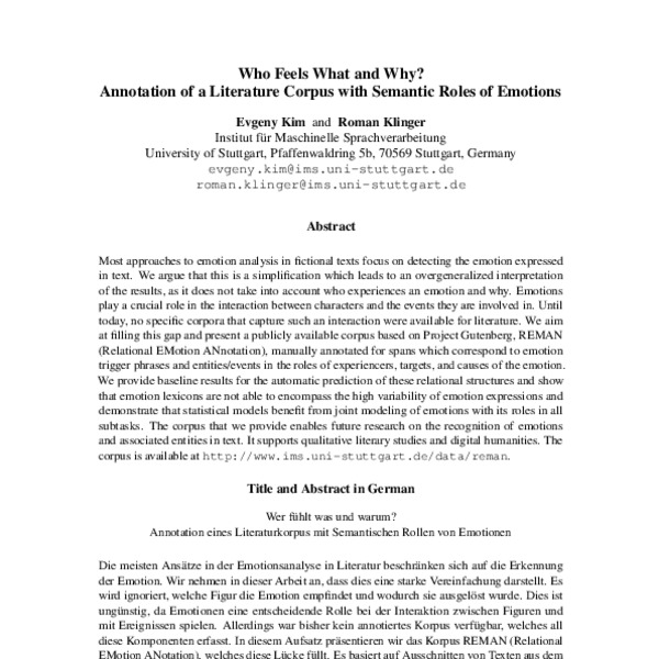 Who Feels What and Why? Annotation of a Literature Corpus with Semantic ...