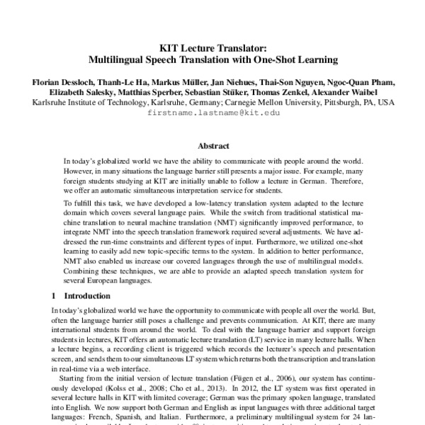 KIT Lecture Translator: Multilingual Speech Translation with One-Shot ...
