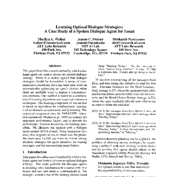 Learning Optimal Dialogue Strategies: A Case Study of a Spoken Dialogue ...