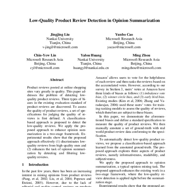 Low-Quality Product Review Detection in Opinion Summarization - ACL ...