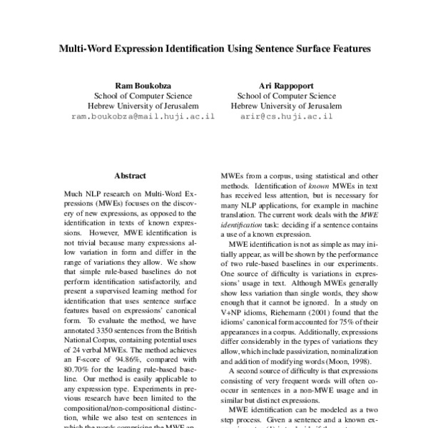 Multi-Word Expression Identification Using Sentence Surface Features ...