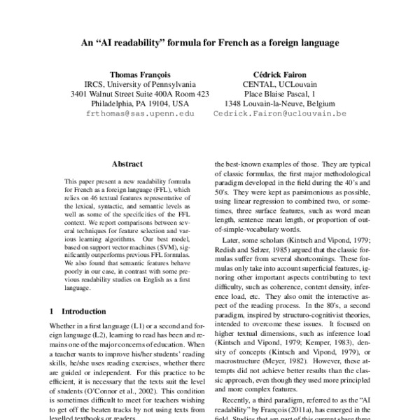 An “AI readability” Formula for French as a Foreign Language - ACL ...