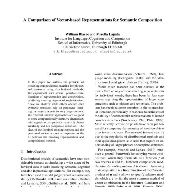 A Comparison Of Vector Based Representations For Semantic Composition