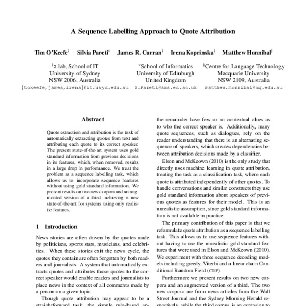 A Sequence Labelling Approach to Quote Attribution - ACL Anthology
