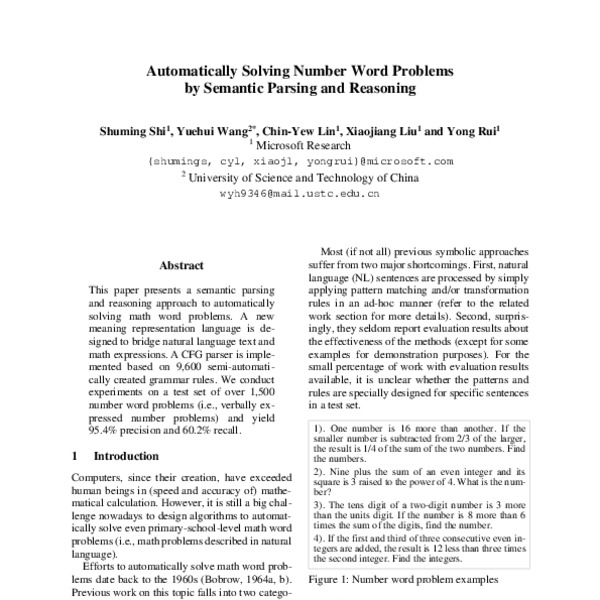 Automatically Solving Number Word Problems By Semantic Parsing And