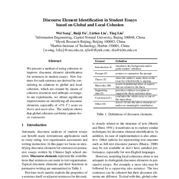 Discourse Element Identification in Student Essays based on Global and ...