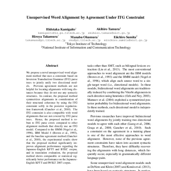 Unsupervised Word Alignment by Agreement Under ITG Constraint - ACL ...