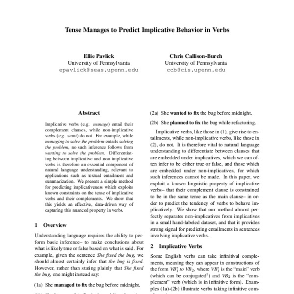 Tense Manages to Predict Implicative Behavior in Verbs - ACL Anthology